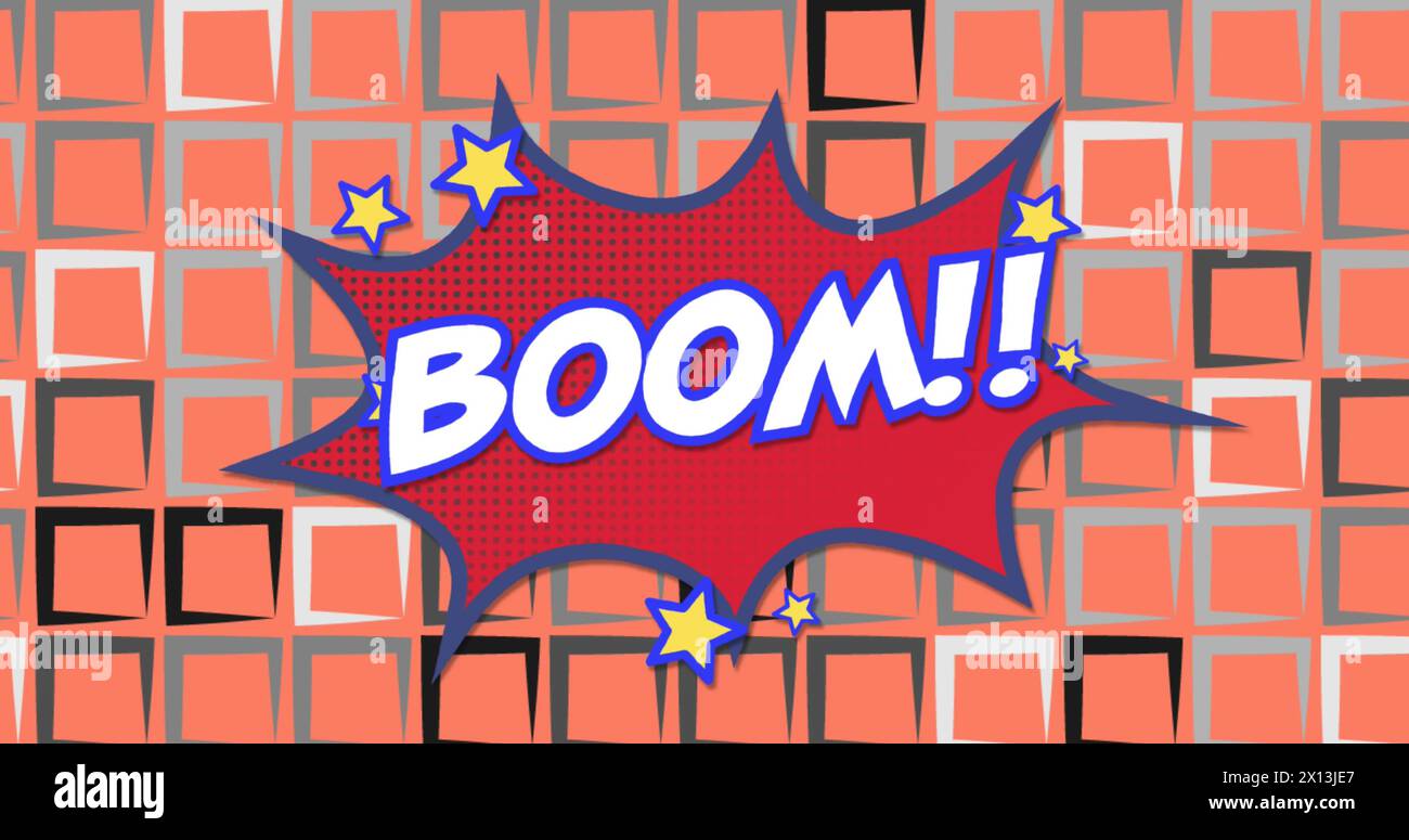 Image of boom text on retro speech bubble over rows of squares on ...