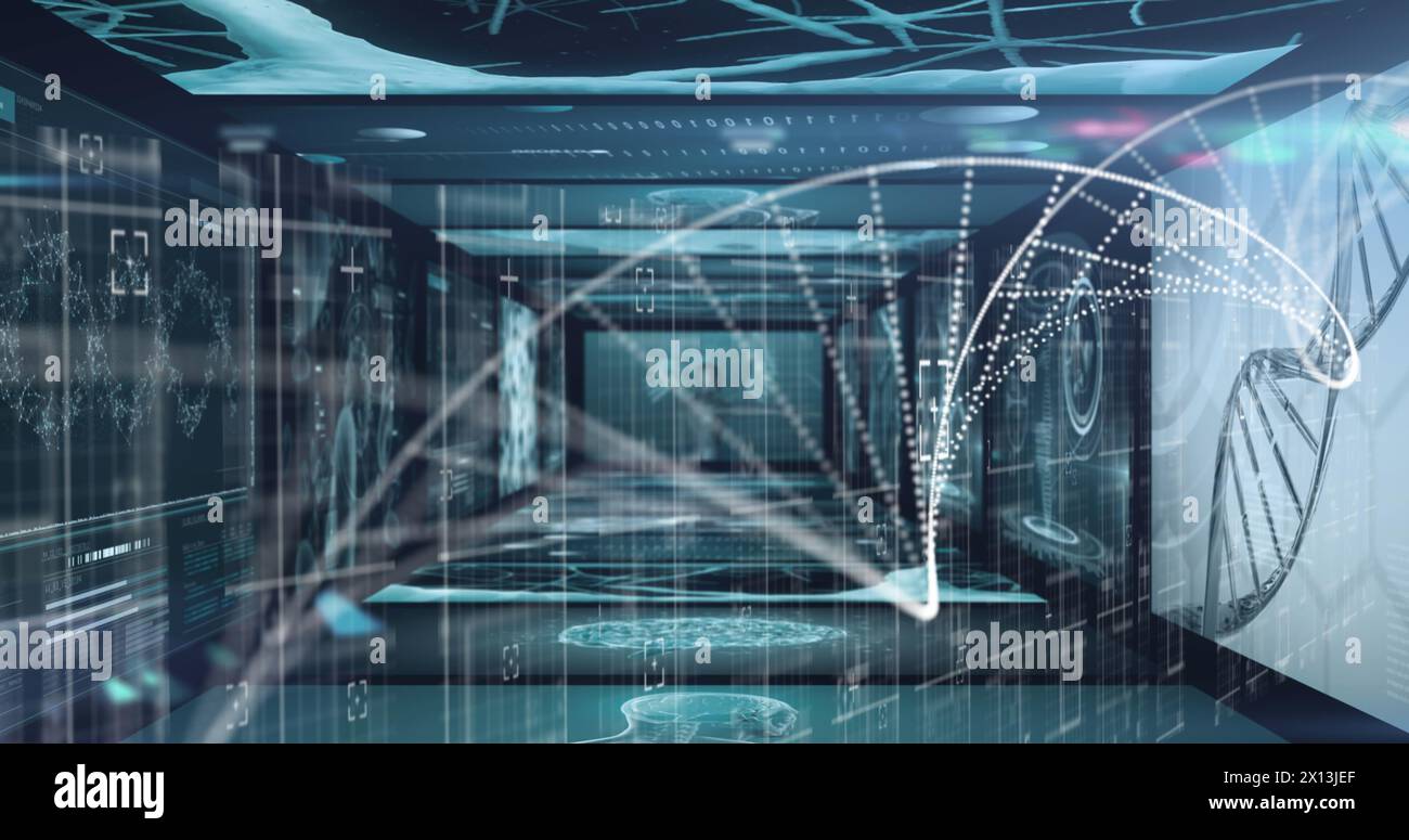 Dna structure spinning against screens on medical data processing on ...