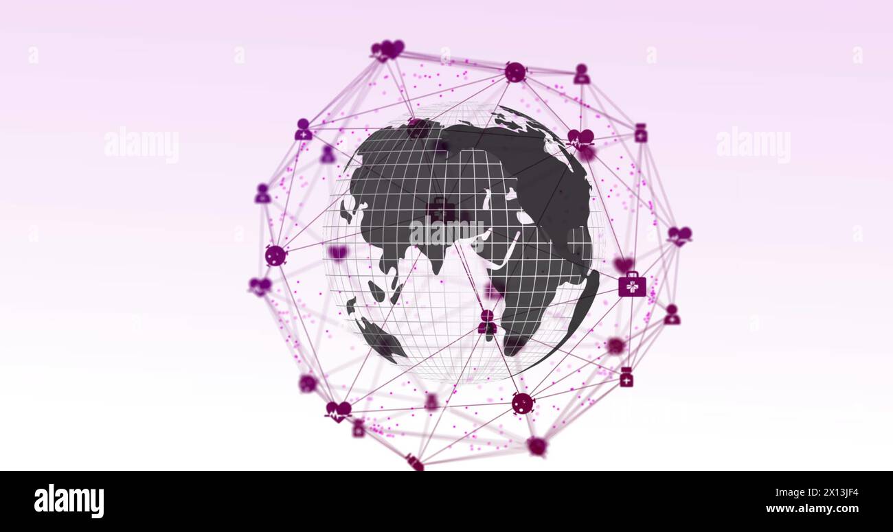Image of web of connections with icons floating over spinning globe on ...