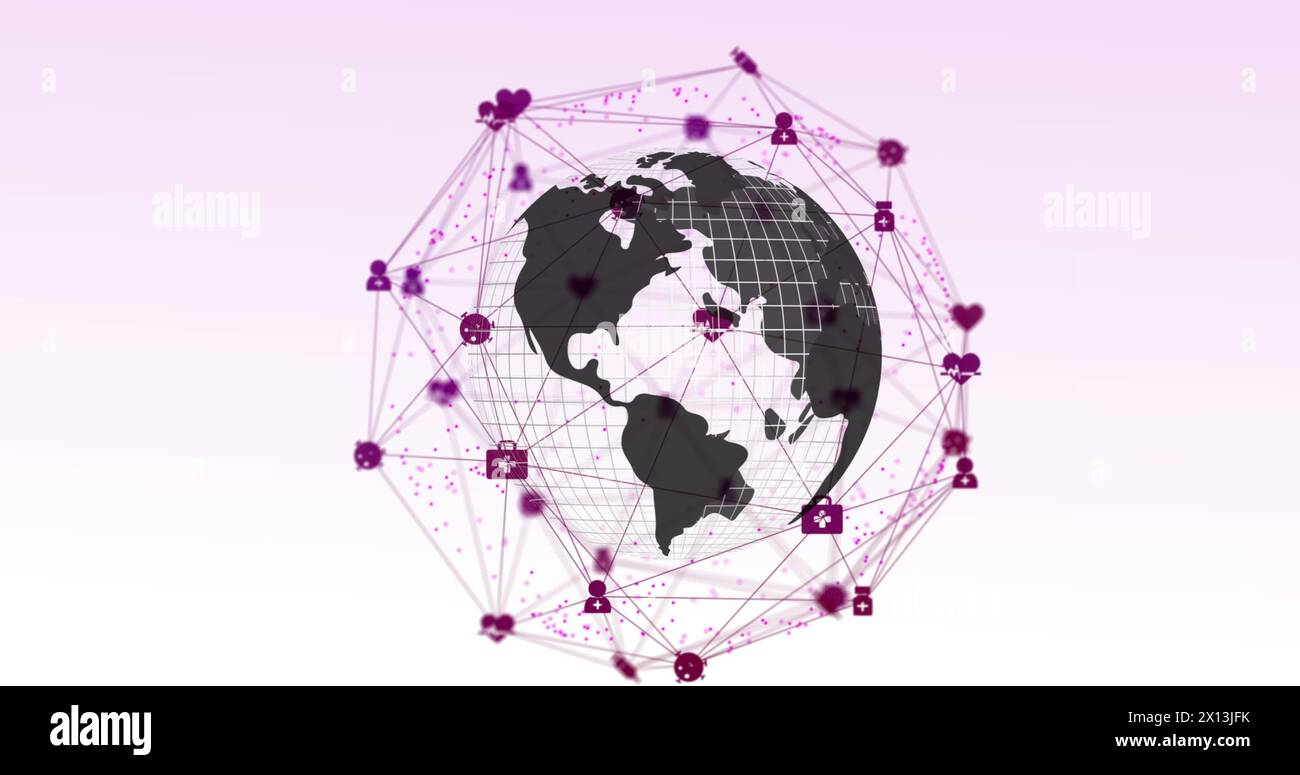 Image of web of connections with icons floating over spinning globe on ...