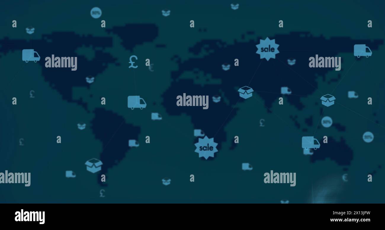 Image of web of connections with icons floating over a world map on a ...