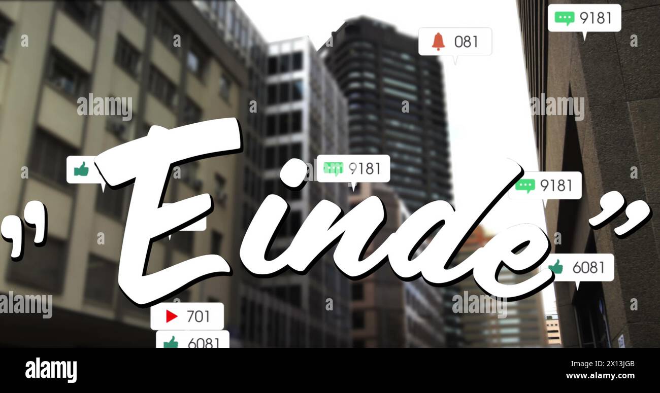 Einde text over digital icons and increasing numbers on speech bubbles ...