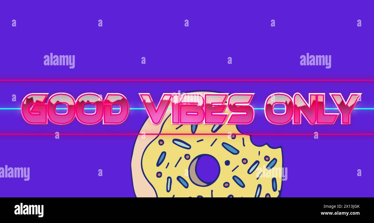 Image of good vibes only text in pink metallic letters over donuts on ...