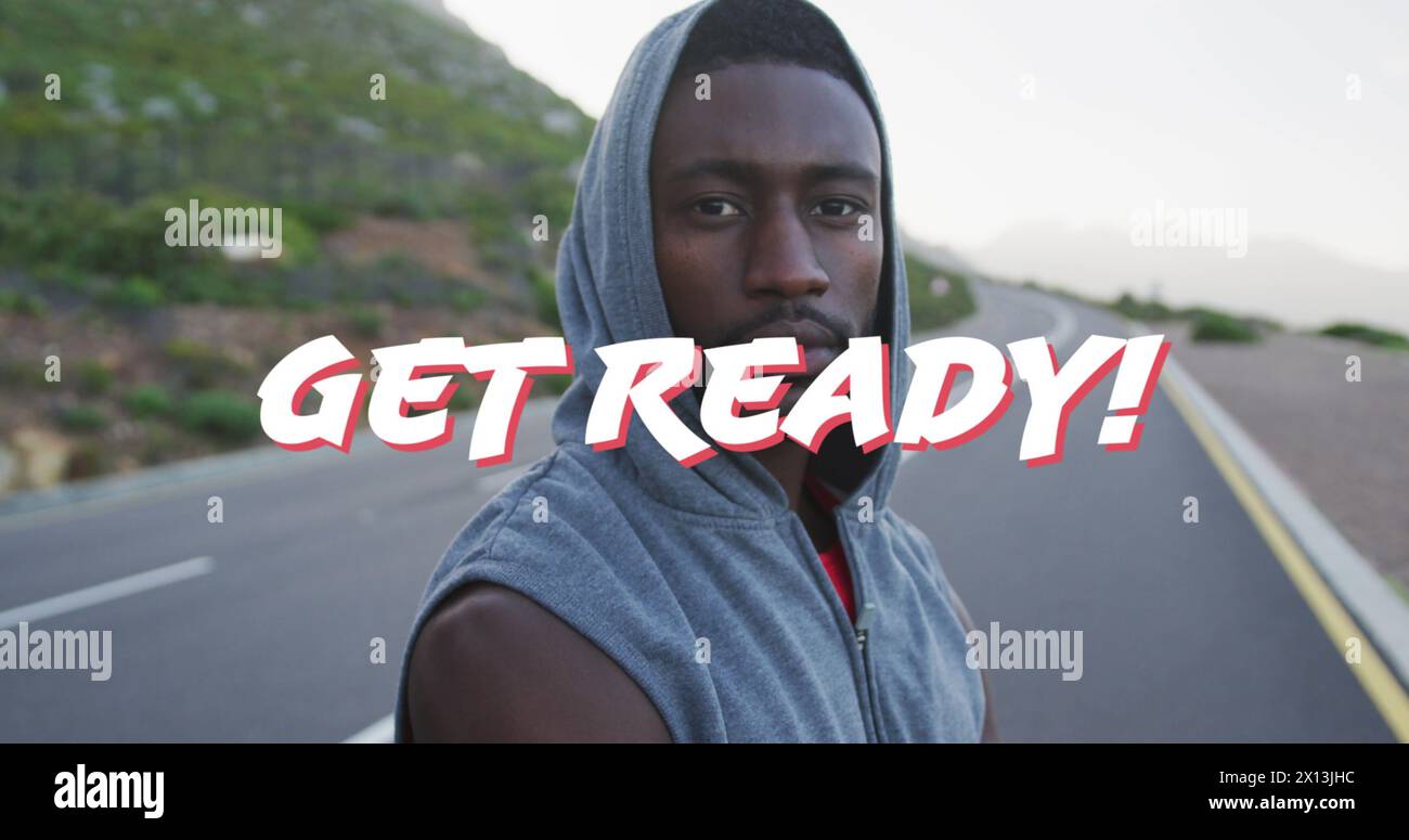Image of the words get ready in white over portrait of man exercising ...