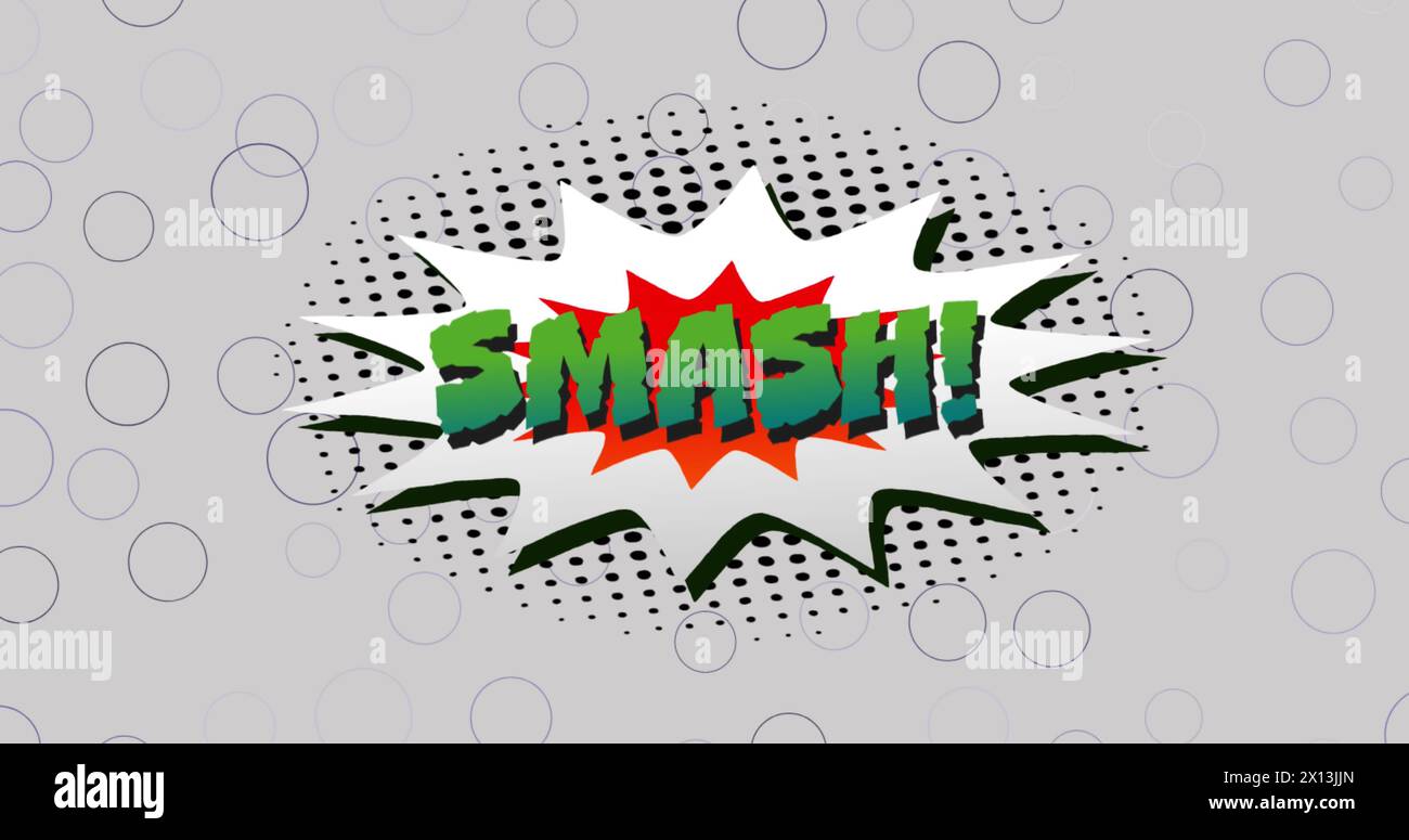 Image of smash text on retro speech bubble over black spots on grey ...