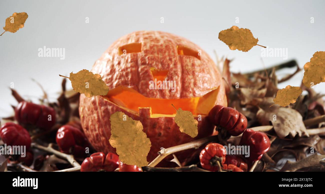 Image of orange autumn leaves falling over pumpkin Stock Photo - Alamy