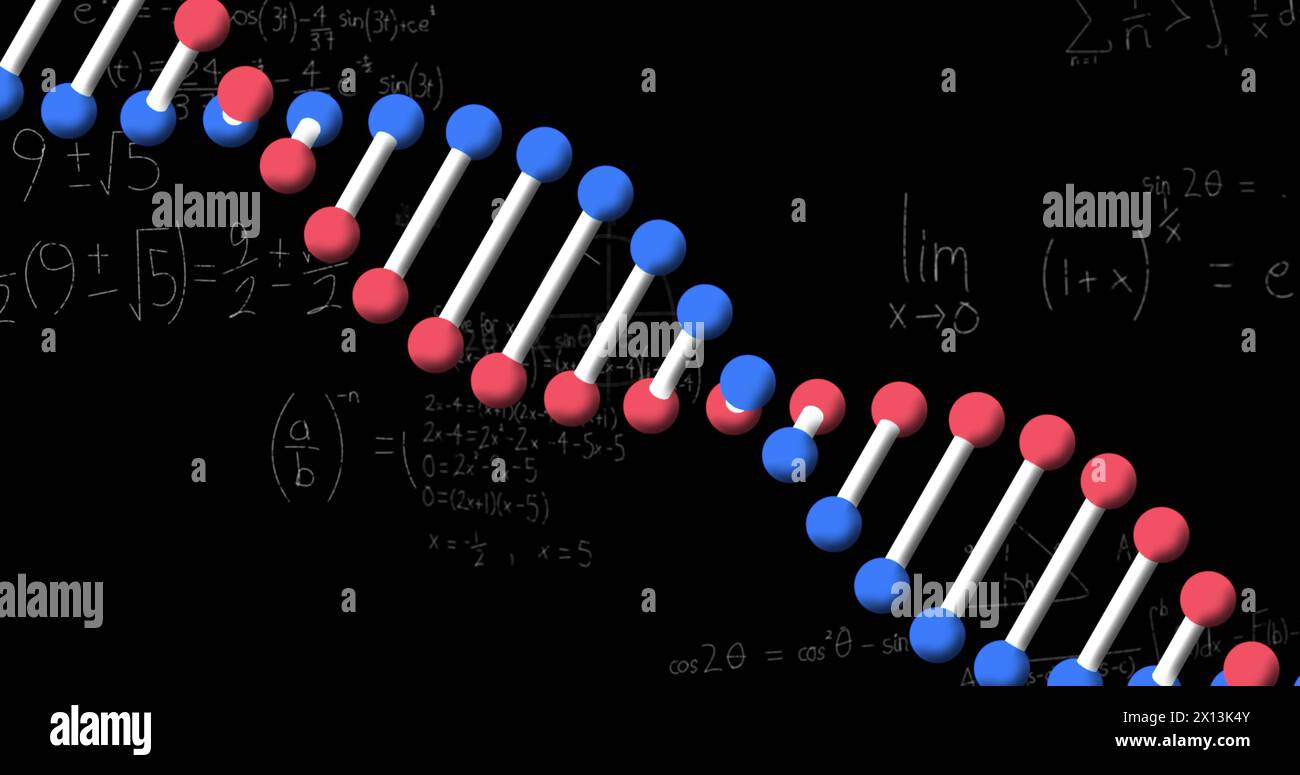 Image of mathematical equations over dna strand on black background ...