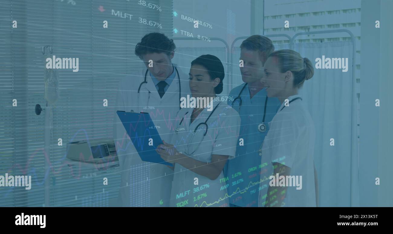 Image of graphs and data over diverse female and male doctors during ...