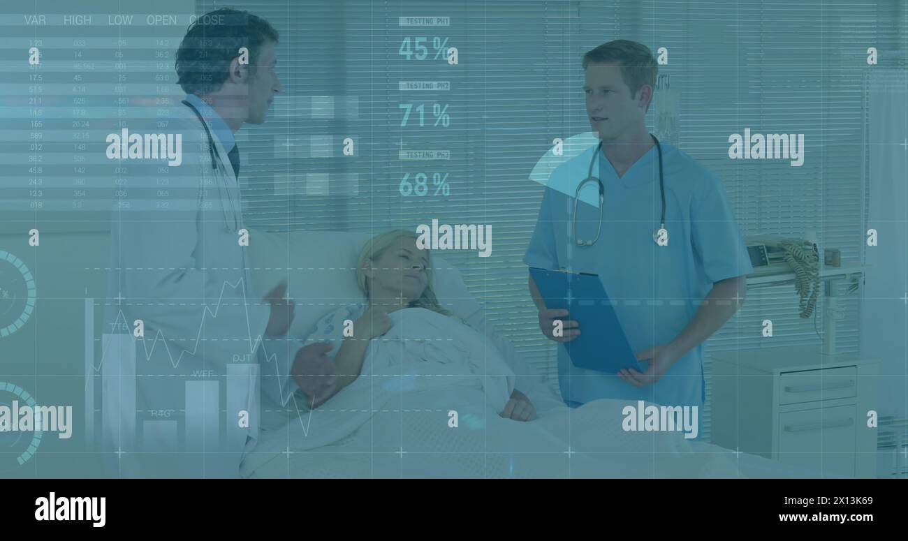 Image of graphs and data over diverse female and male doctors with ...