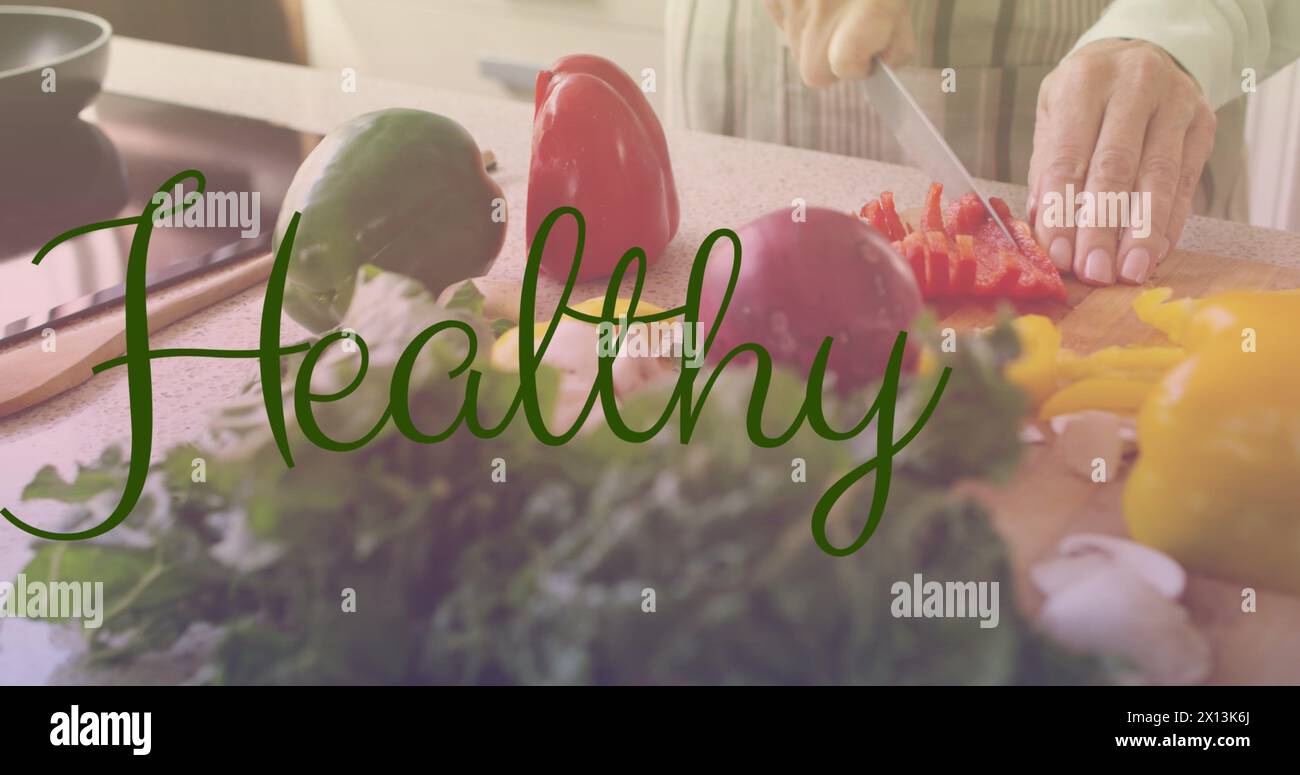 Image of healthy text in green letters over caucasian woman cutting ...