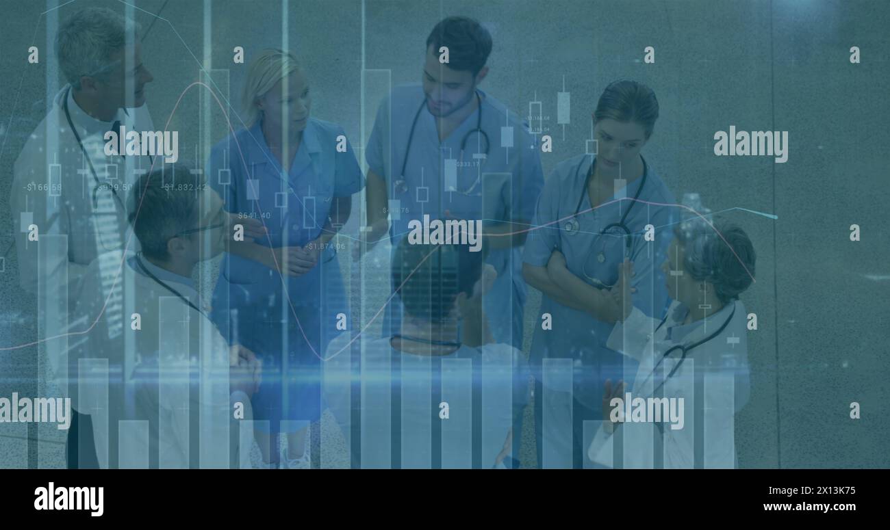 Image of graphs and data over diverse female and male doctors during ...