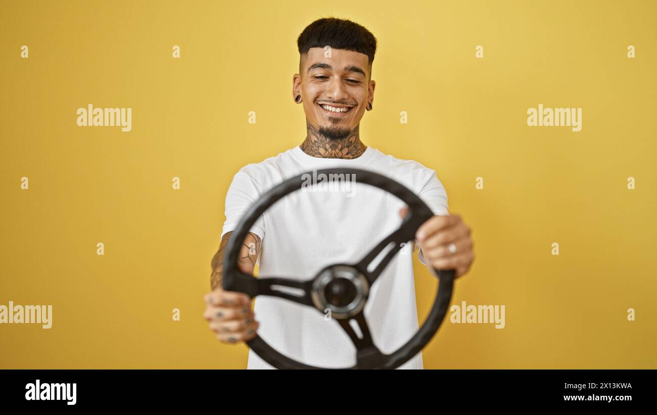 Cheerful young latin man, full of confidence and joy, smiling broadly ...