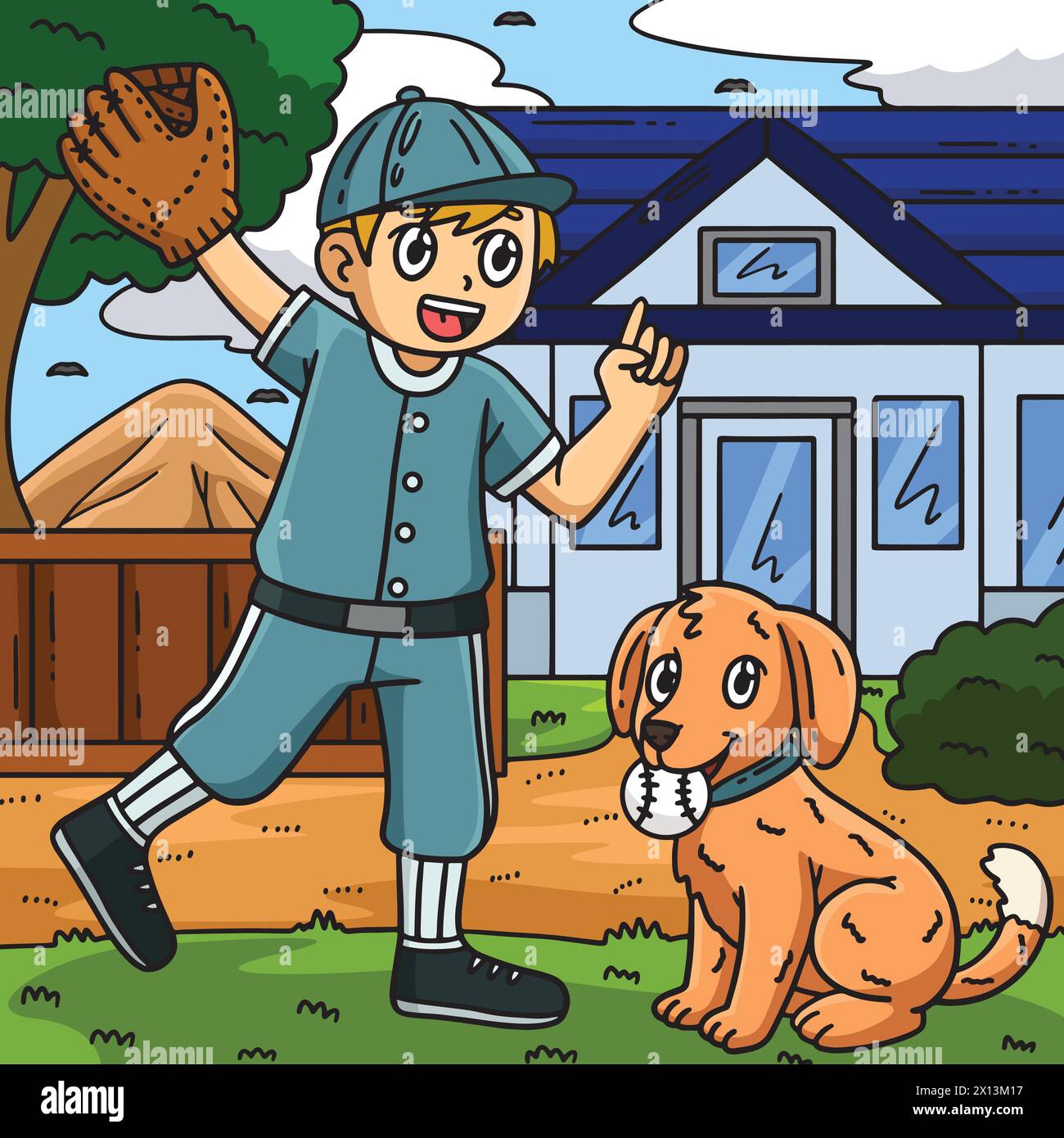 Boy and Dog Playing Baseball Colored Cartoon Stock Vector Image & Art ...