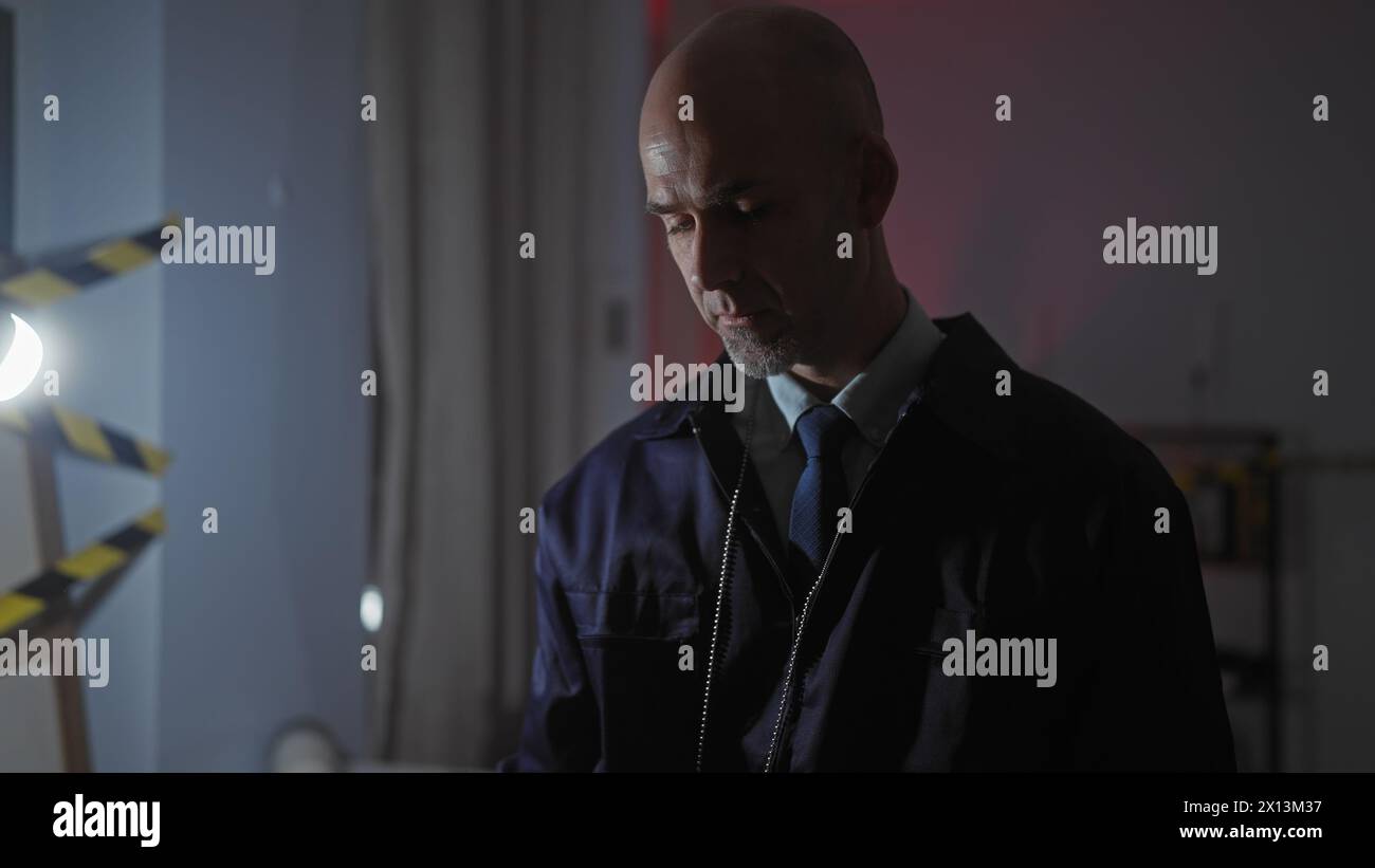 Bald detective examines evidence in dimly lit crime scene, with intense ...