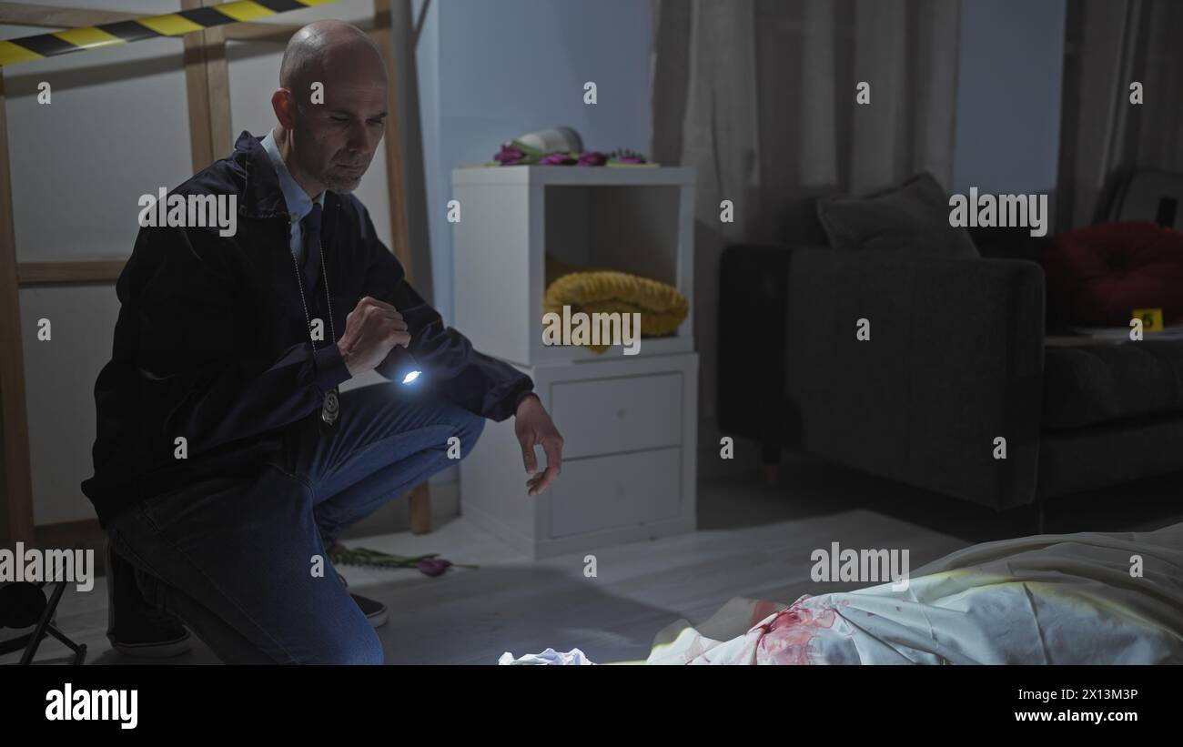 A bald man investigates a crime scene indoors, examining evidence with ...