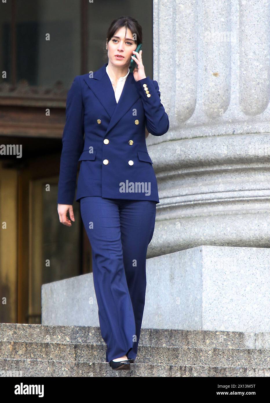 New York, USA. April 14, 2024 Lizzy Caplan filming on location for ...
