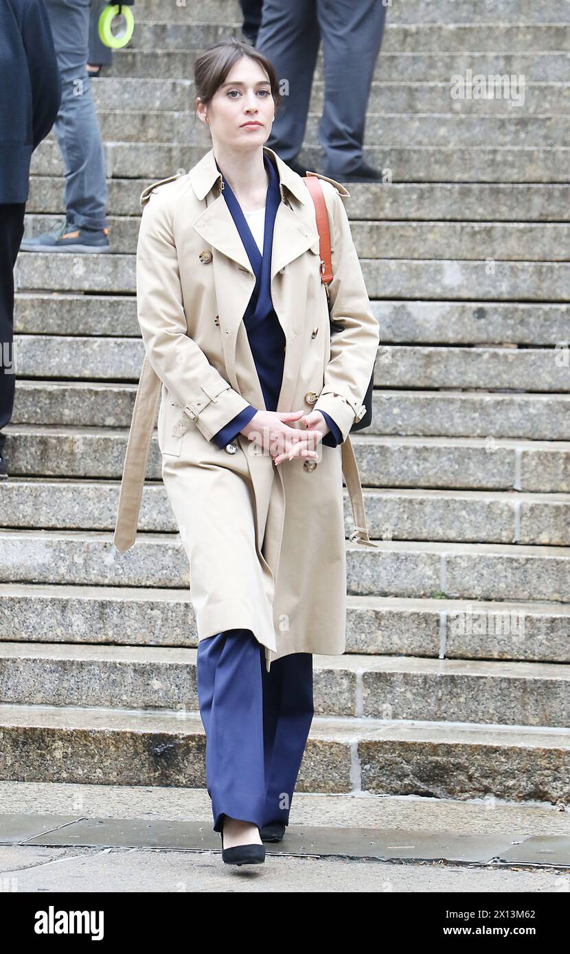 New York, USA. April 14, 2024 Lizzy Caplan filming on location for ...