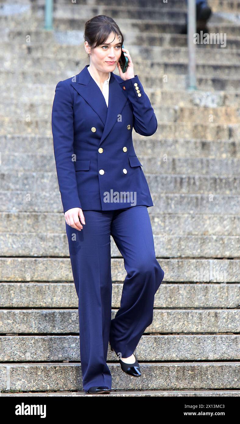 New York, USA. April 14, 2024 Lizzy Caplan filming on location for ...