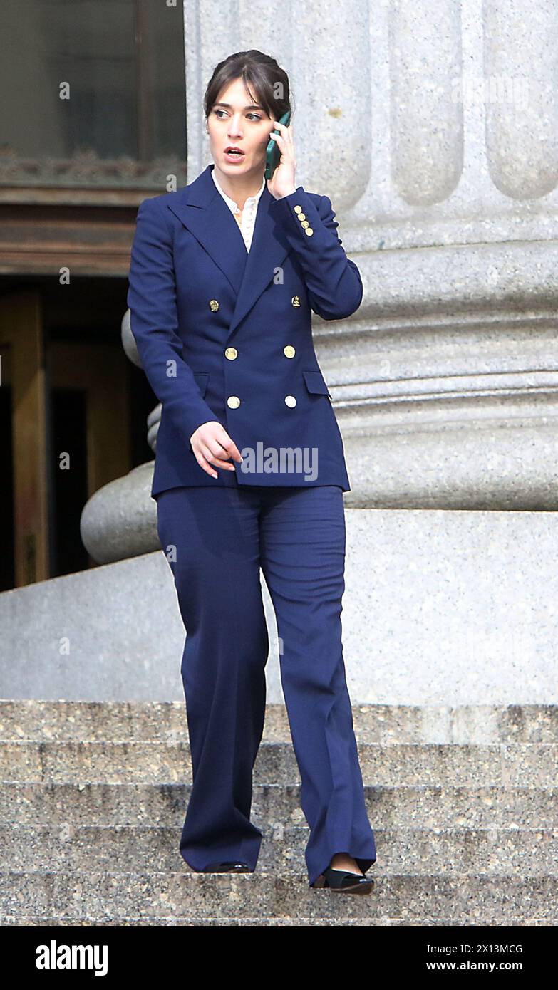 New York, USA. April 14, 2024 Lizzy Caplan filming on location for ...
