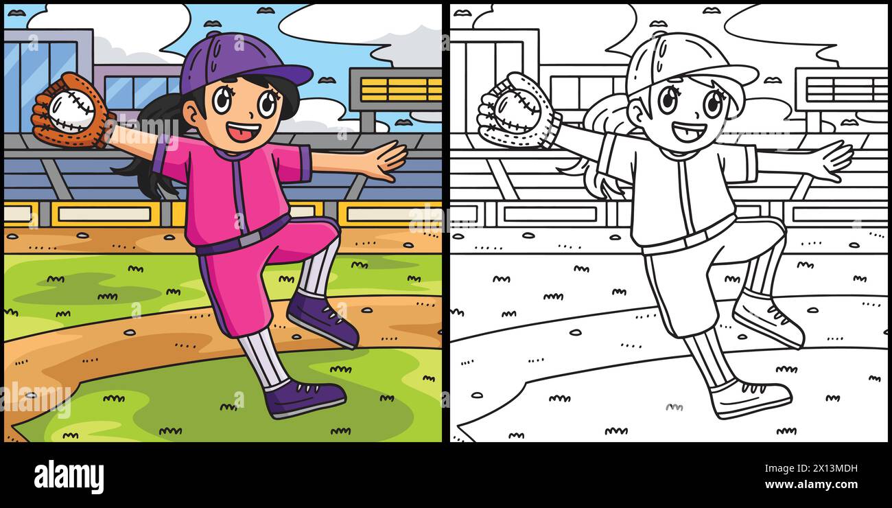 Girl Catching Baseball Coloring Page Illustration Stock Vector Image ...