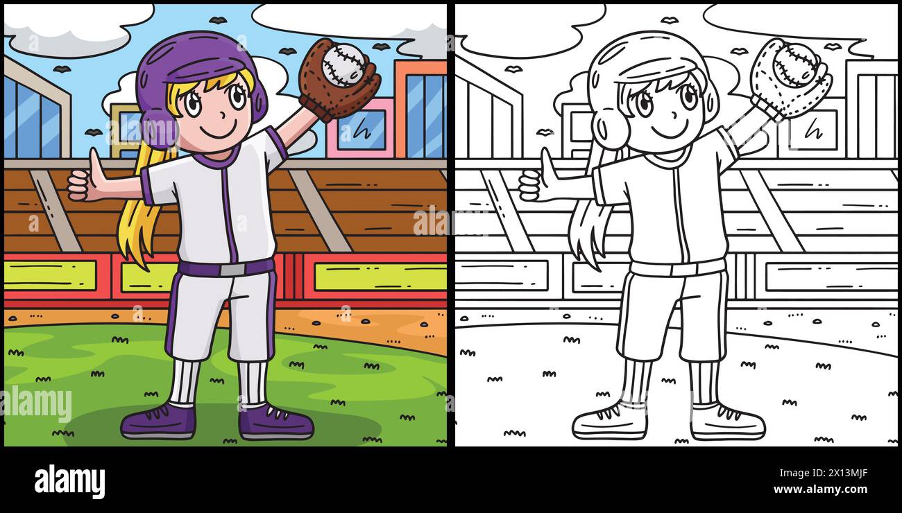 Baseball Girl Pitcher Waving Coloring Illustration Stock Vector Image ...