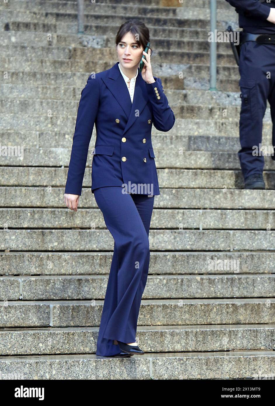 New York, USA. April 14, 2024 Lizzy Caplan filming on location for ...