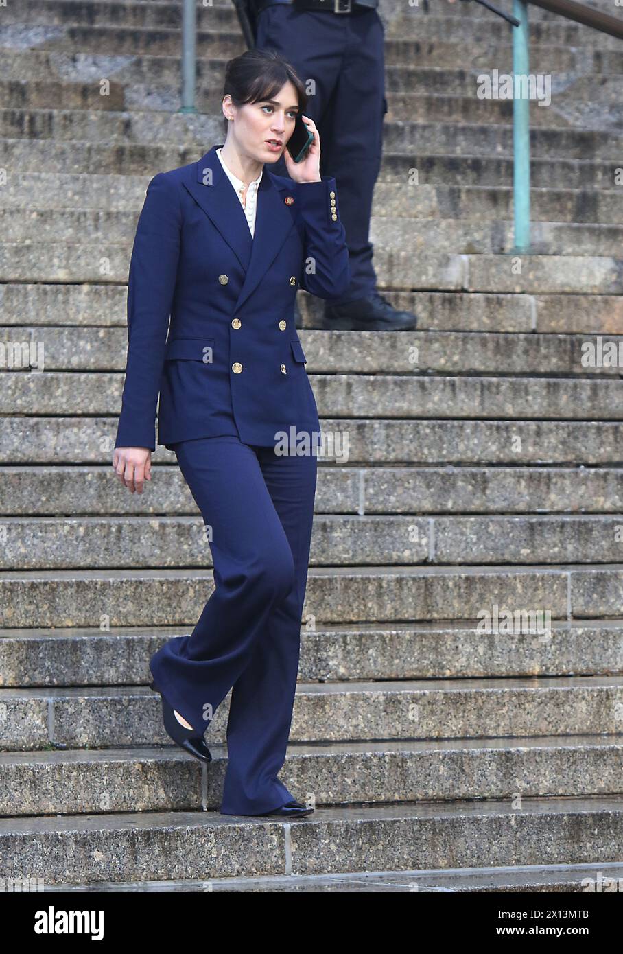 New York, USA. April 14, 2024 Lizzy Caplan filming on location for ...