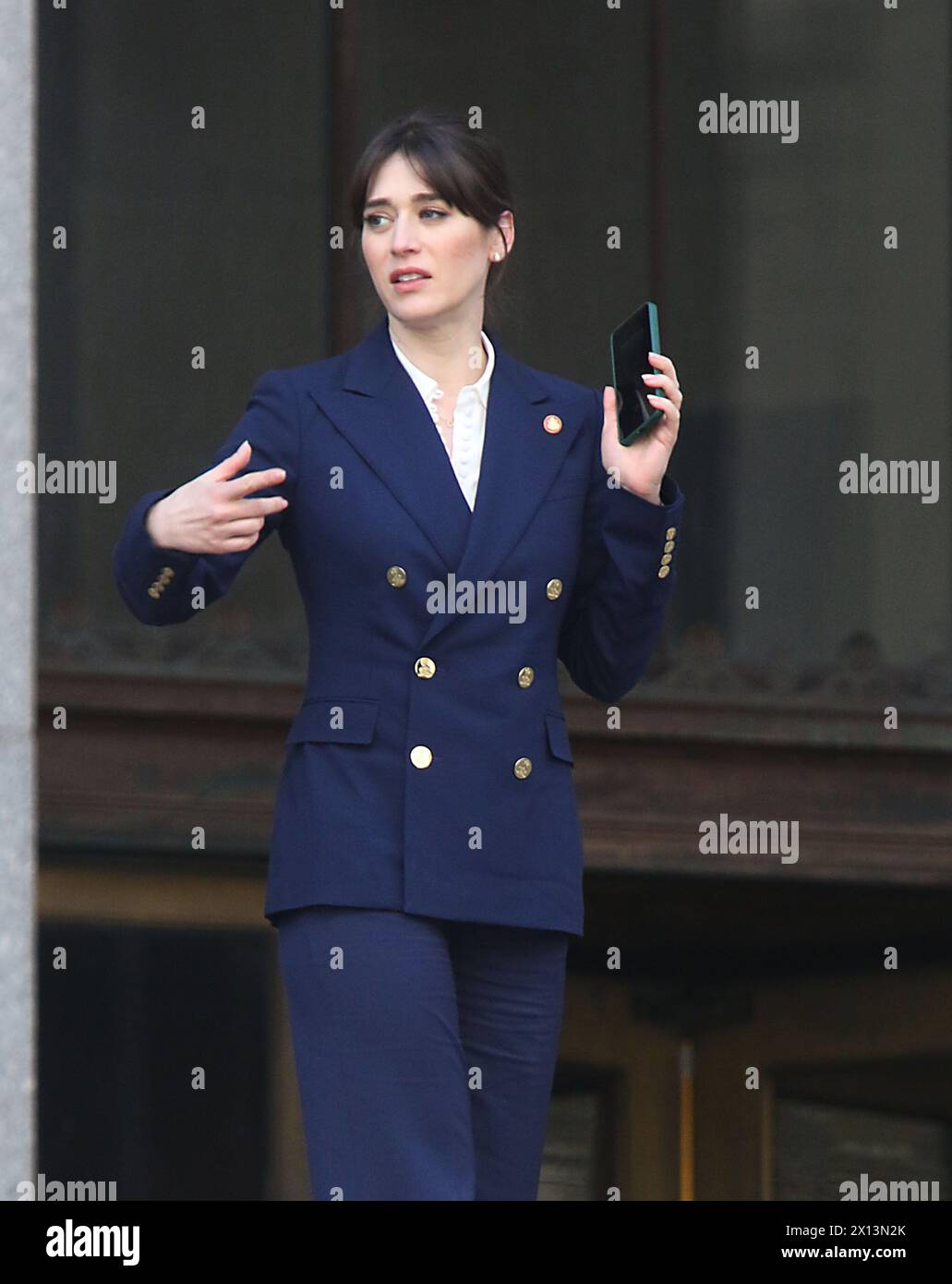 New York, USA. April 14, 2024 Lizzy Caplan filming on location for ...