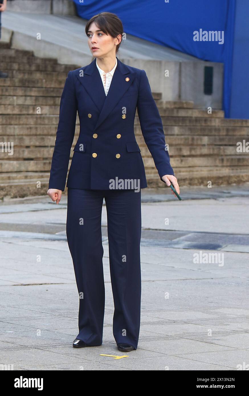 New York, USA. April 14, 2024 Lizzy Caplan filming on location for ...