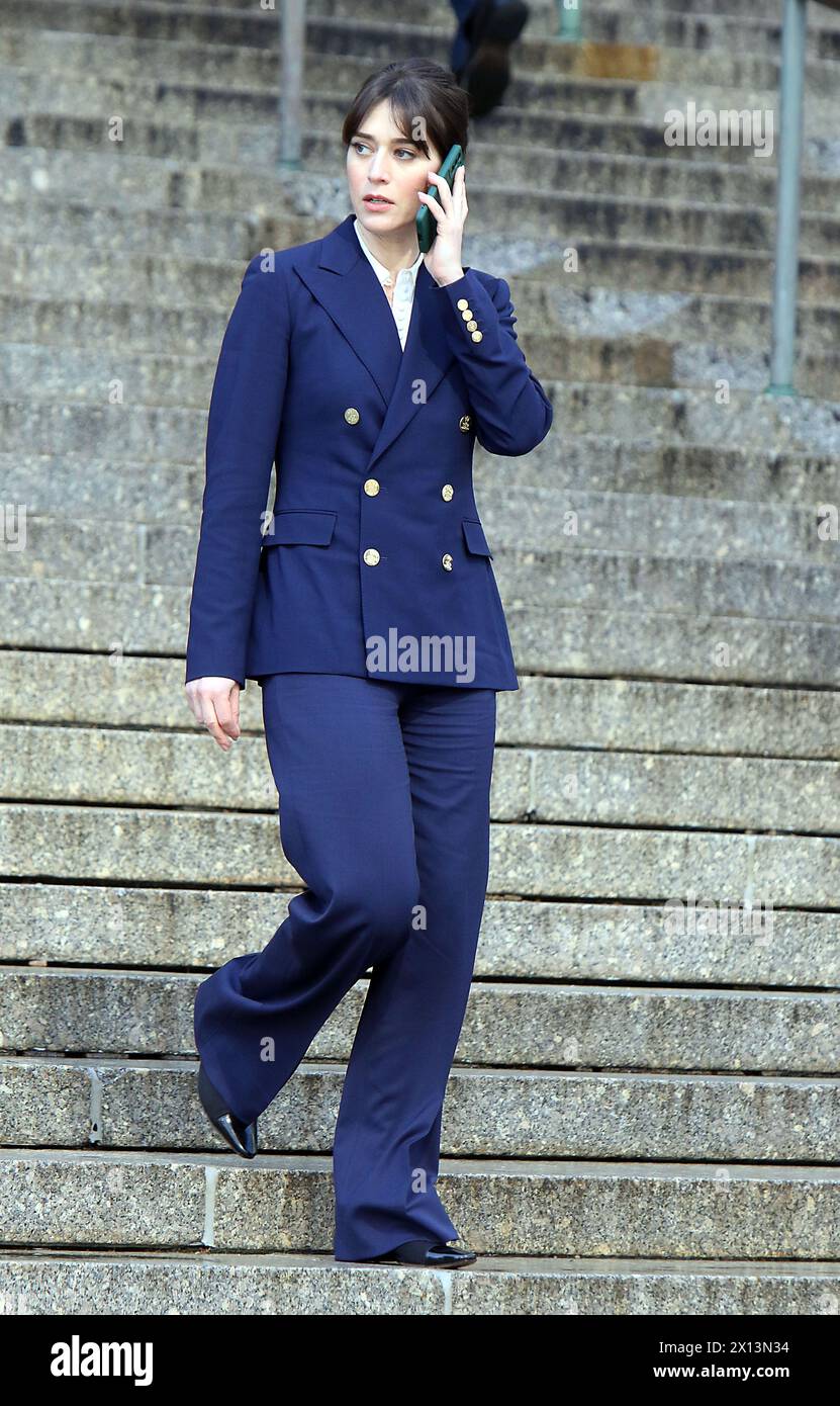 New York, USA. April 14, 2024 Lizzy Caplan filming on location for ...