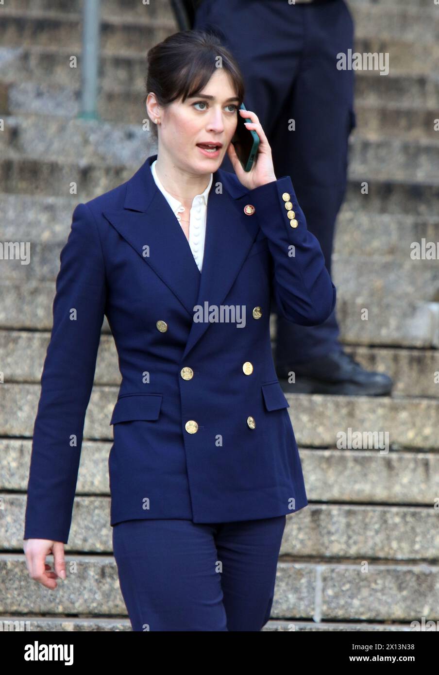 New York, USA. April 14, 2024 Lizzy Caplan filming on location for ...