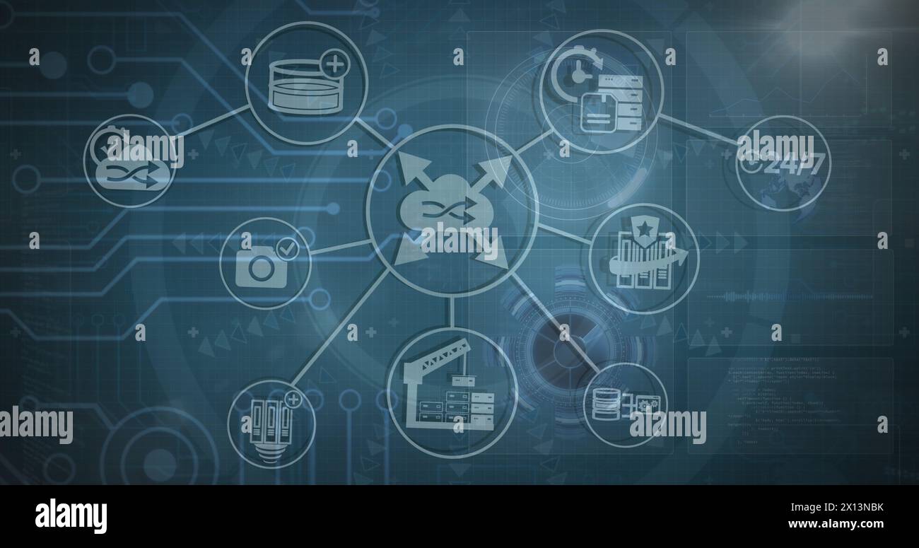 Image of graphical flow charts with computer icons against interface ...