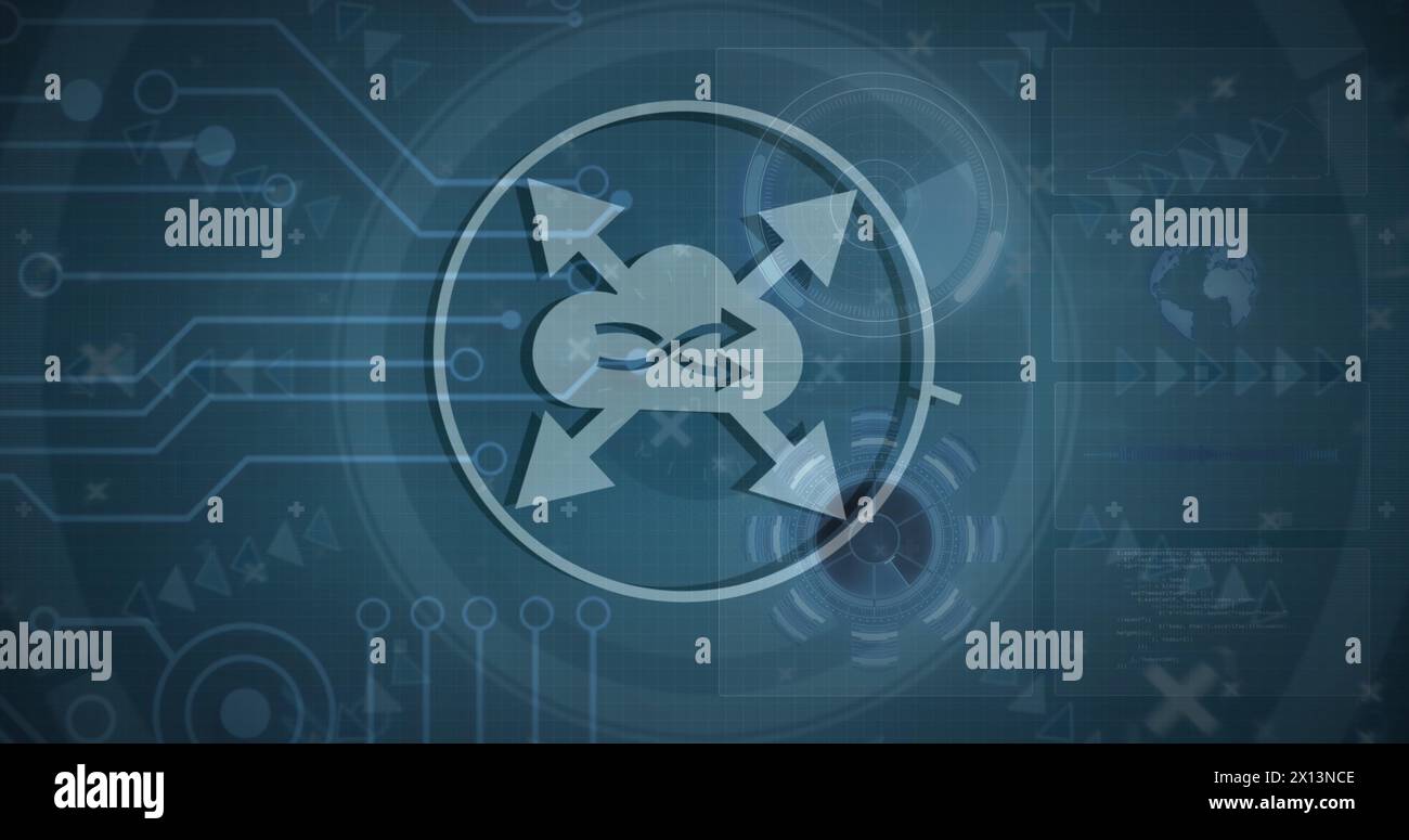 Image of graphical flow charts with computer icons against interface ...