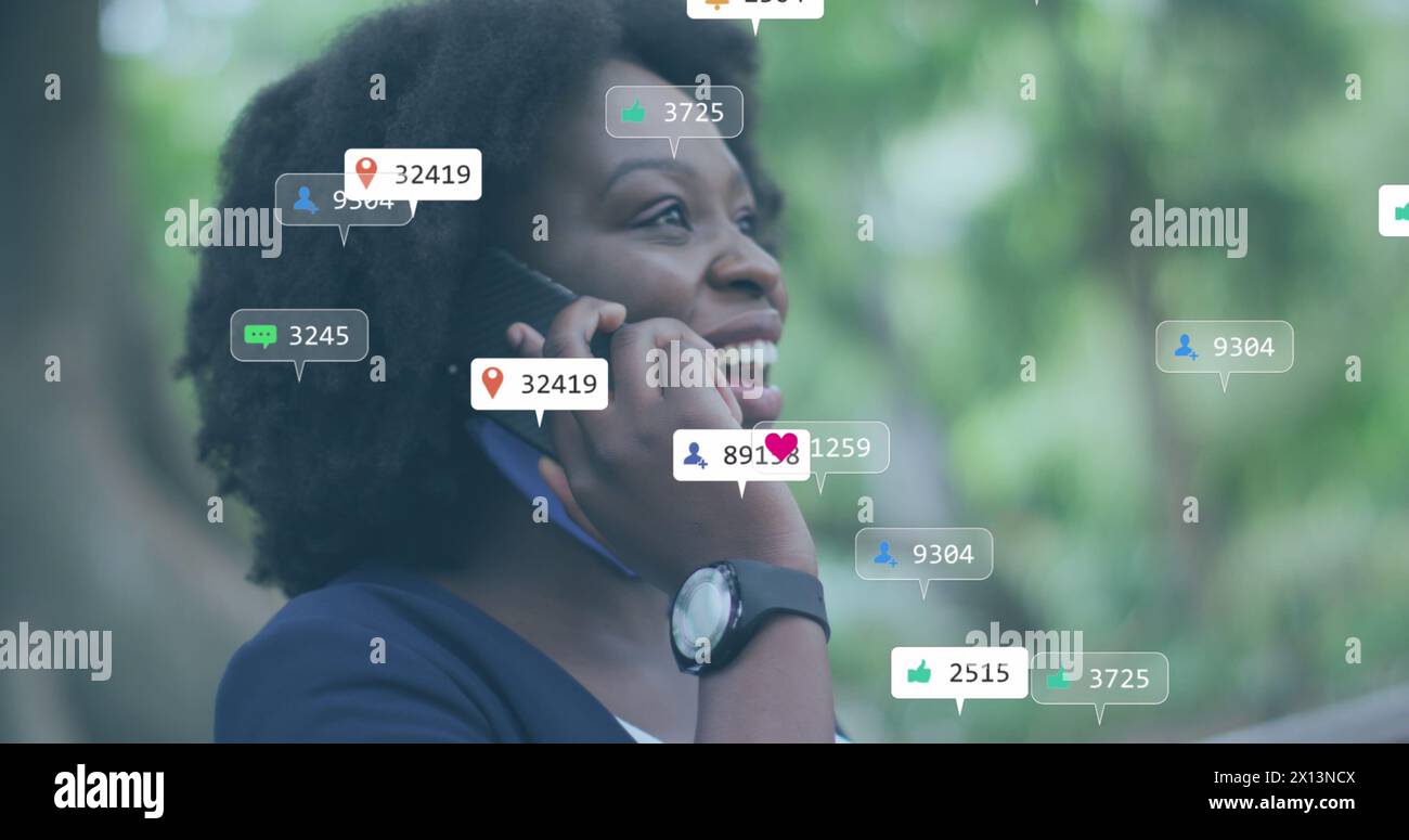 Image of multiple social media icons over african american woman ...