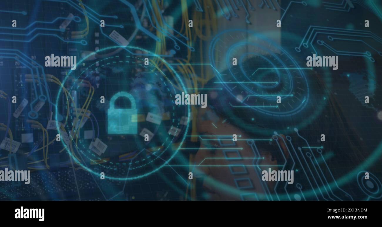 Image of security padlock, data processing and scope with computer circuit board Stock Photo - Alamy