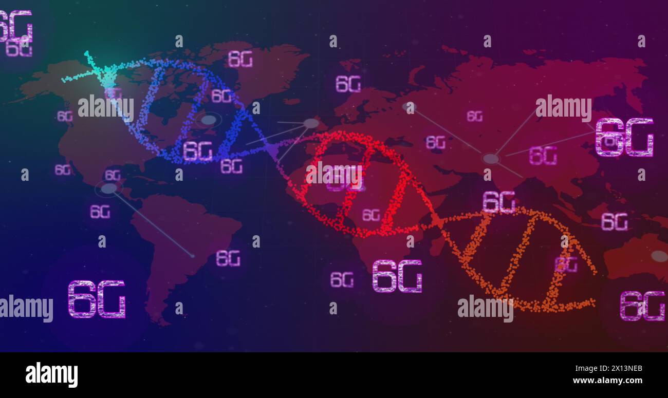 Image of 6g texts over world map and dna strand Stock Photo - Alamy