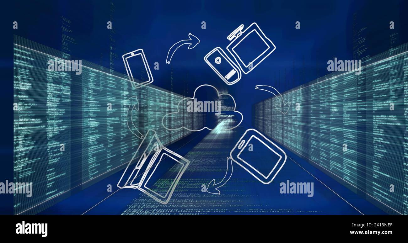 Images of arrows with icons over data processing on dark background. Global connections and data ...