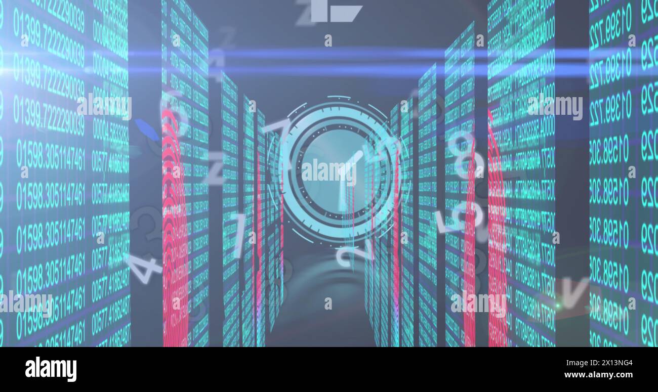 Images of clock and falling numbers over data processing on dark ...