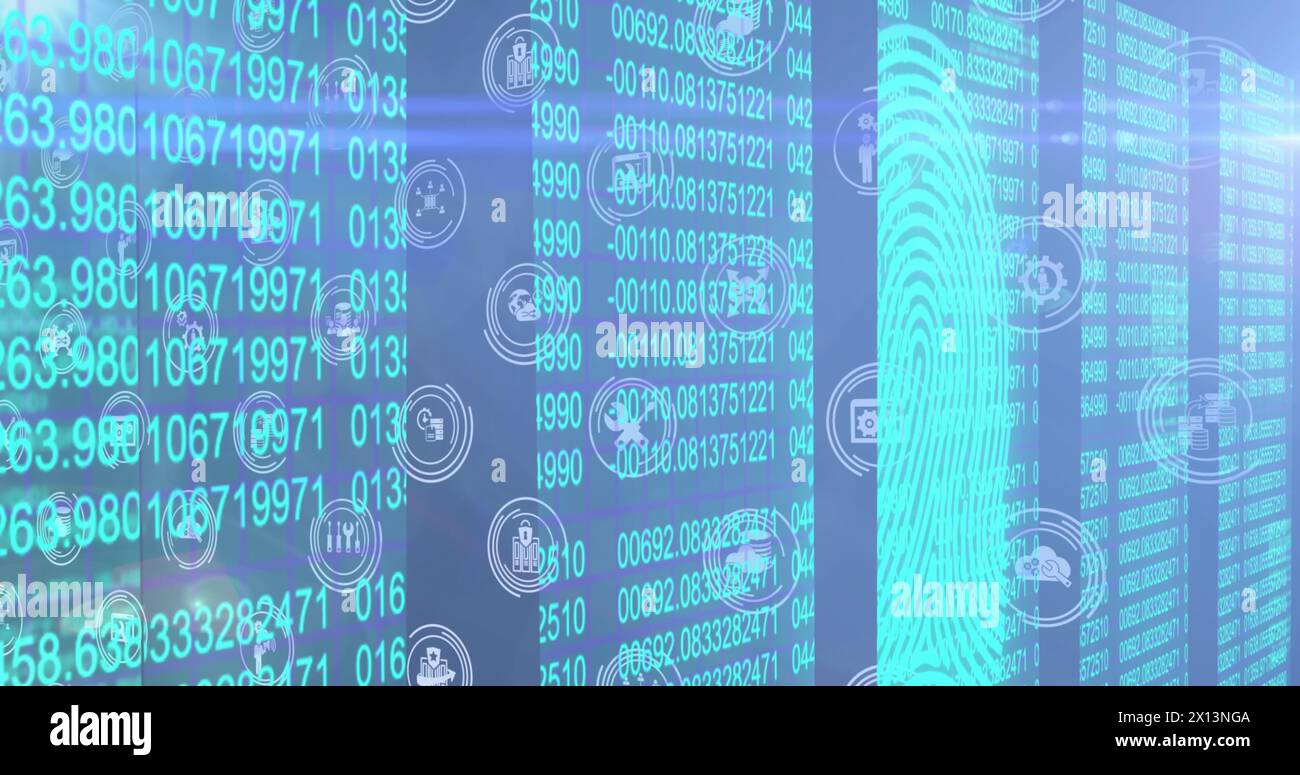 Digital image of multiple data processing against blue background Stock ...