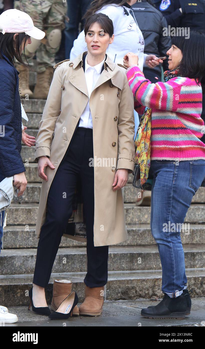 New York, USA. April 14, 2024 Lizzy Caplan filming on location for ...