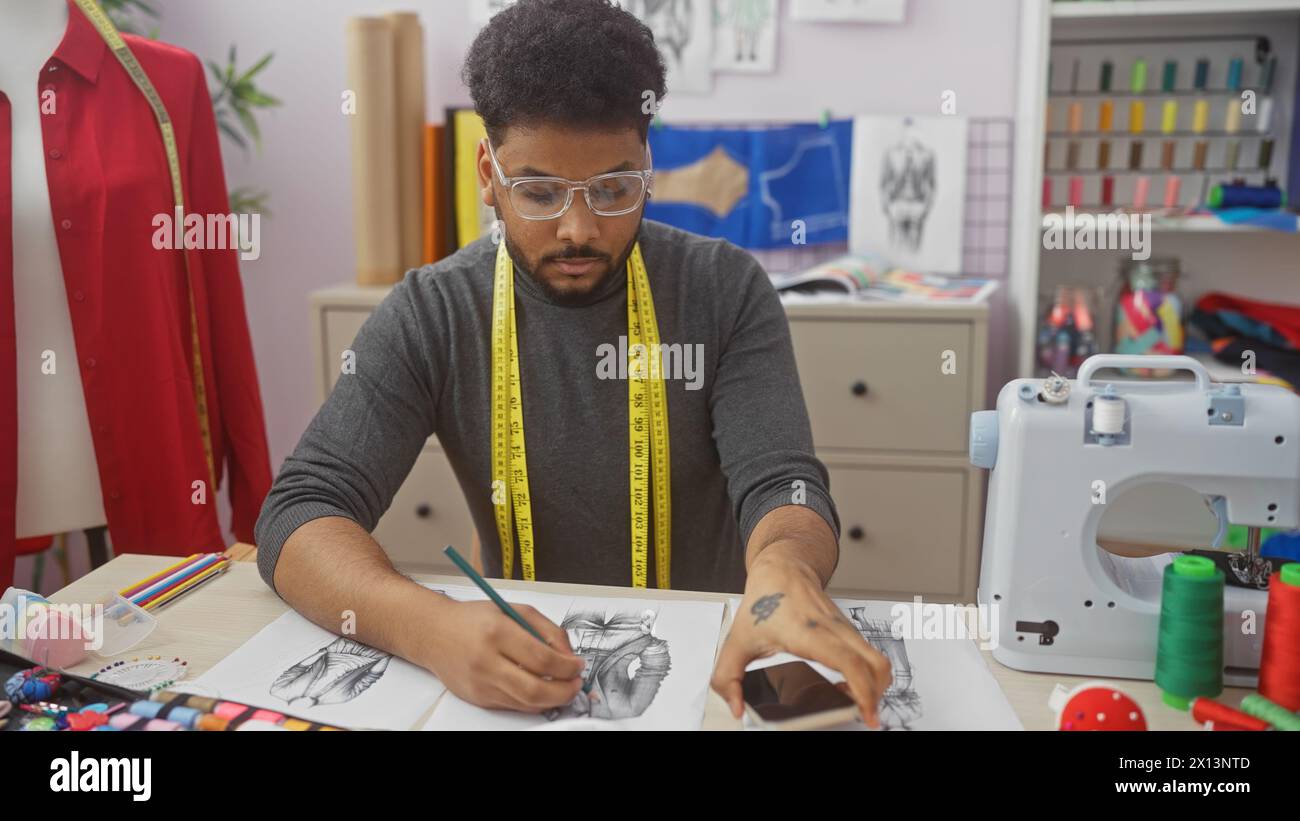 A focused african man tailoring in a vibrant atelier, surrounded by ...