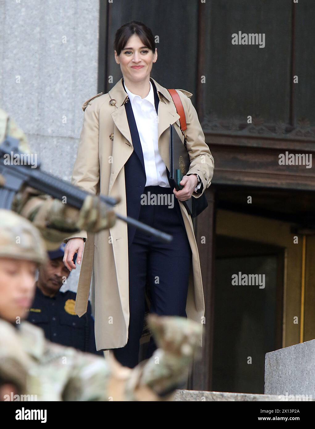 New York, USA. April 14, 2024 Lizzy Caplan filming on location for ...