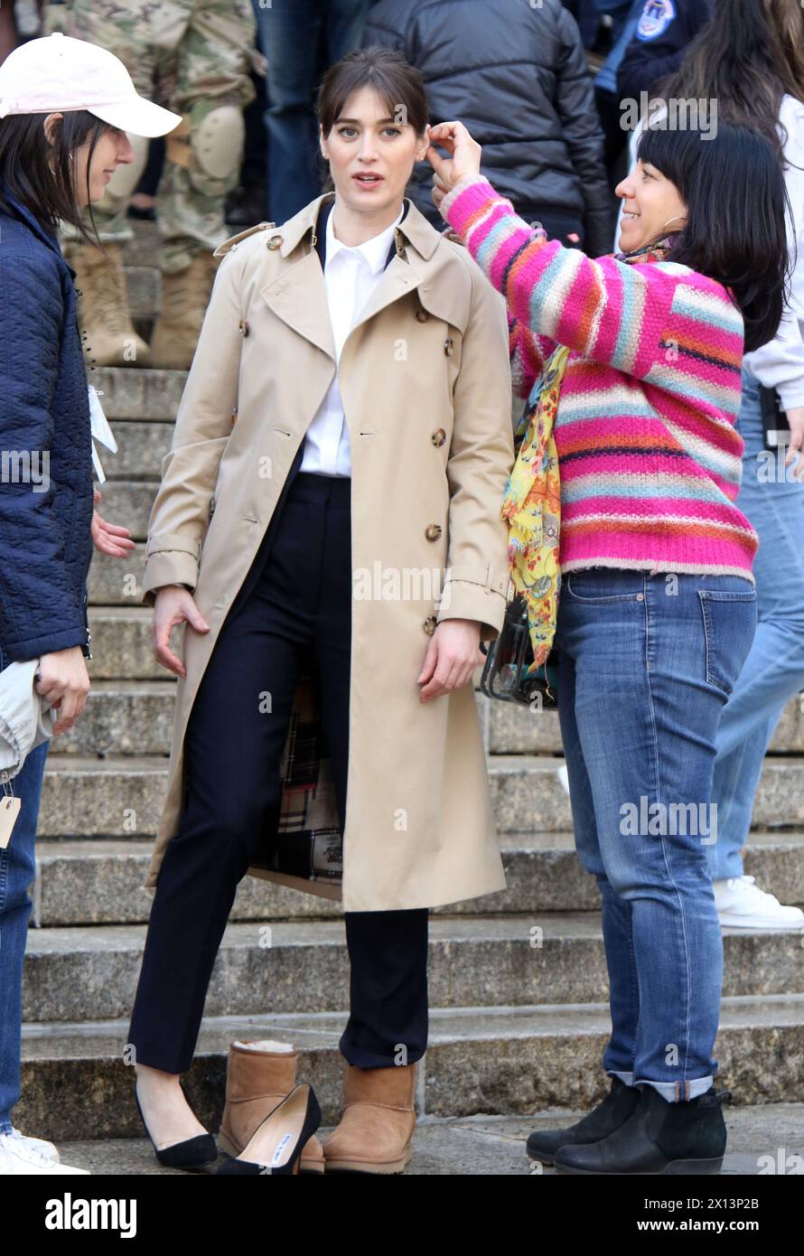 New York, USA. April 14, 2024 Lizzy Caplan filming on location for ...