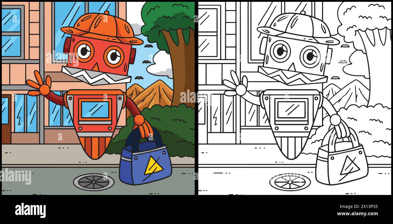 Floating Robot with a Bag Coloring Illustration Stock Vector Image ...