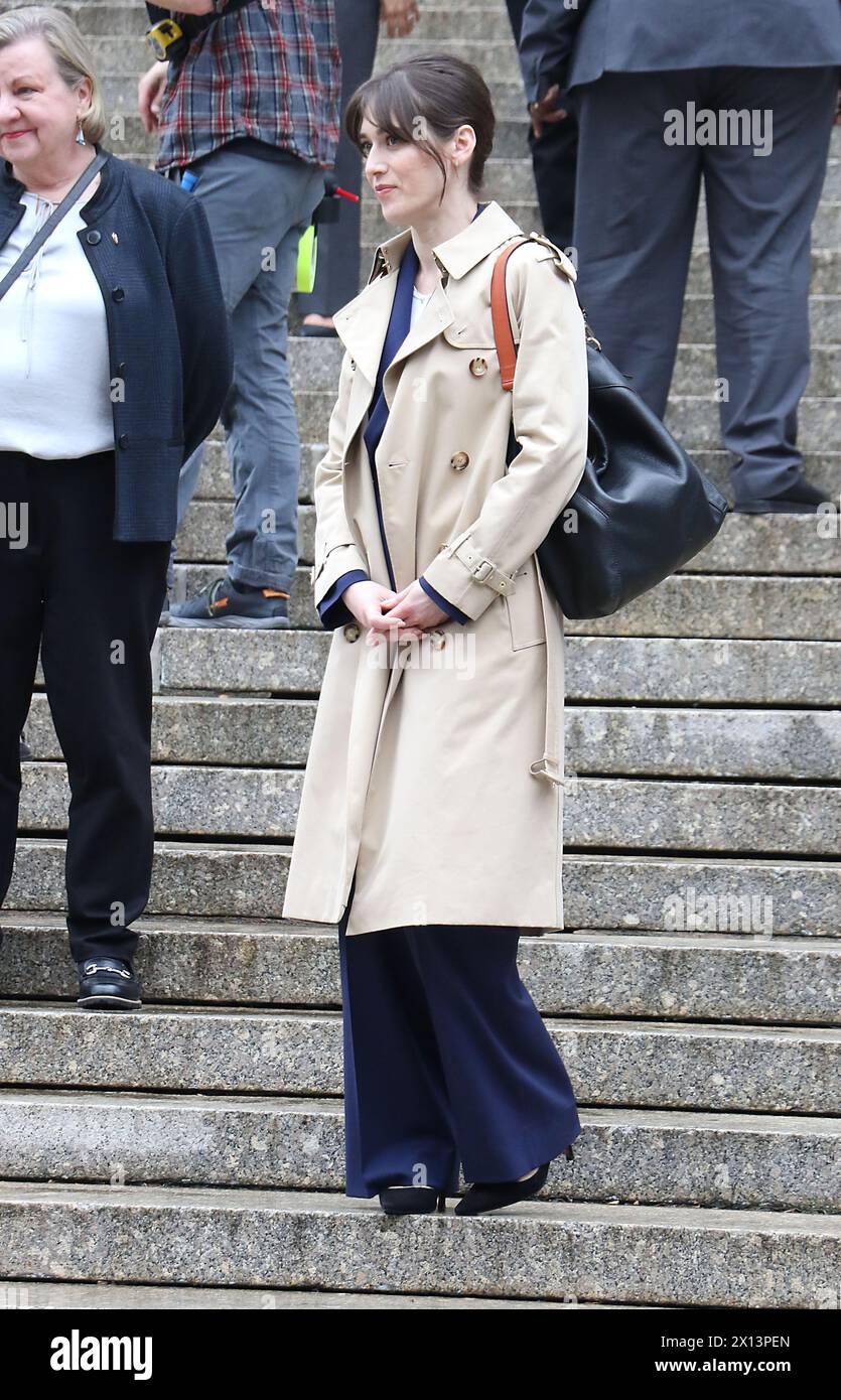 New York, USA. April 14, 2024 Lizzy Caplan filming on location for ...