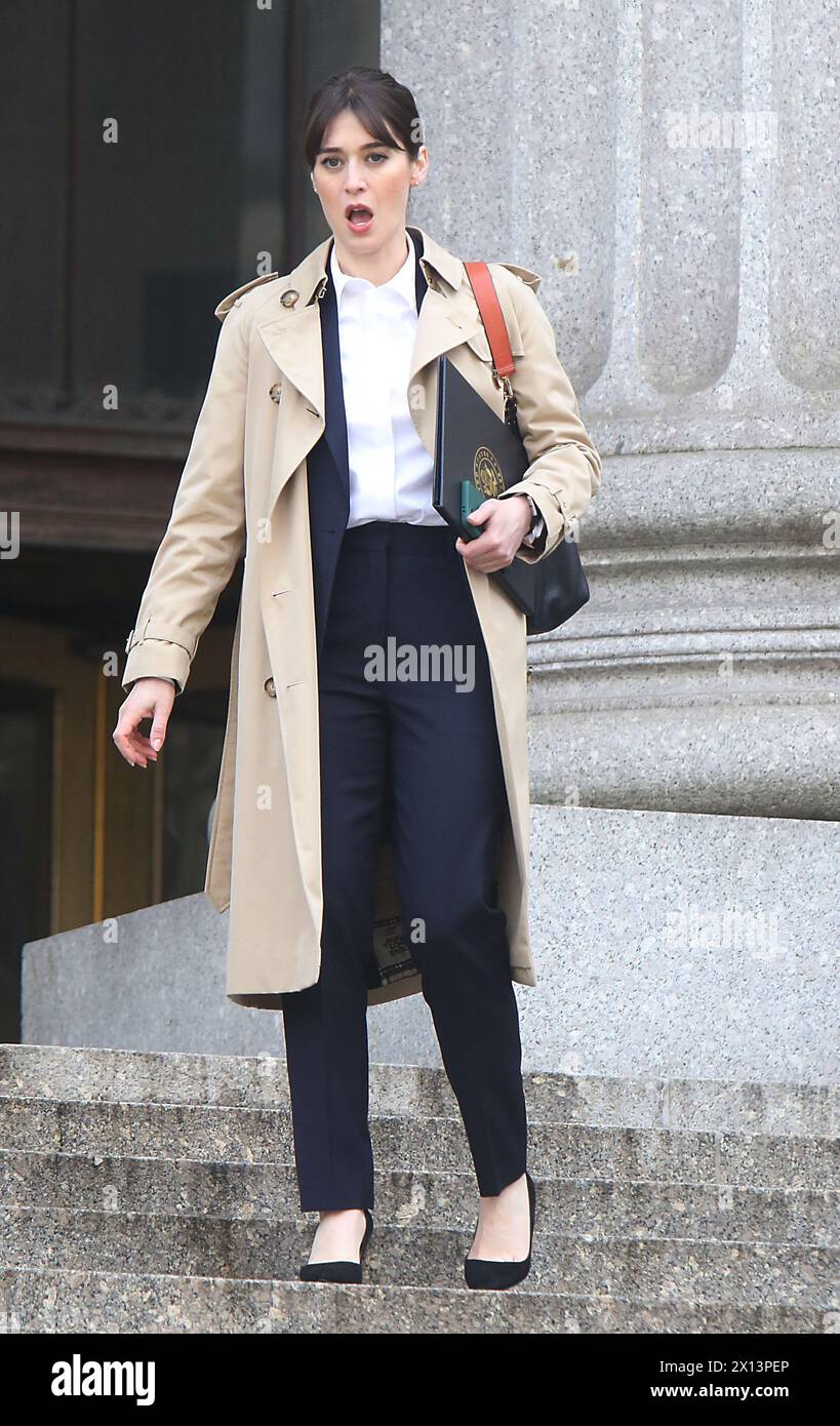 New York, USA. April 14, 2024 Lizzy Caplan filming on location for ...