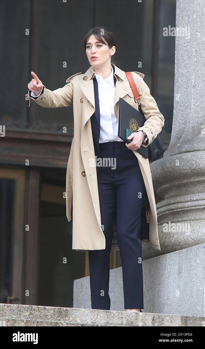 New York, USA. April 14, 2024 Lizzy Caplan filming on location for ...