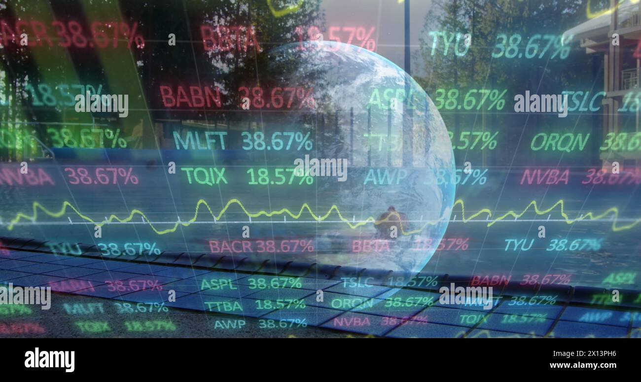 Image of stock market data processing and spinning globe against man in ...