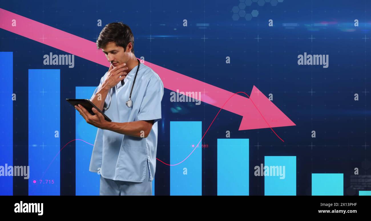 Image of arrow, financial data and graphs over caucasian male doctor ...