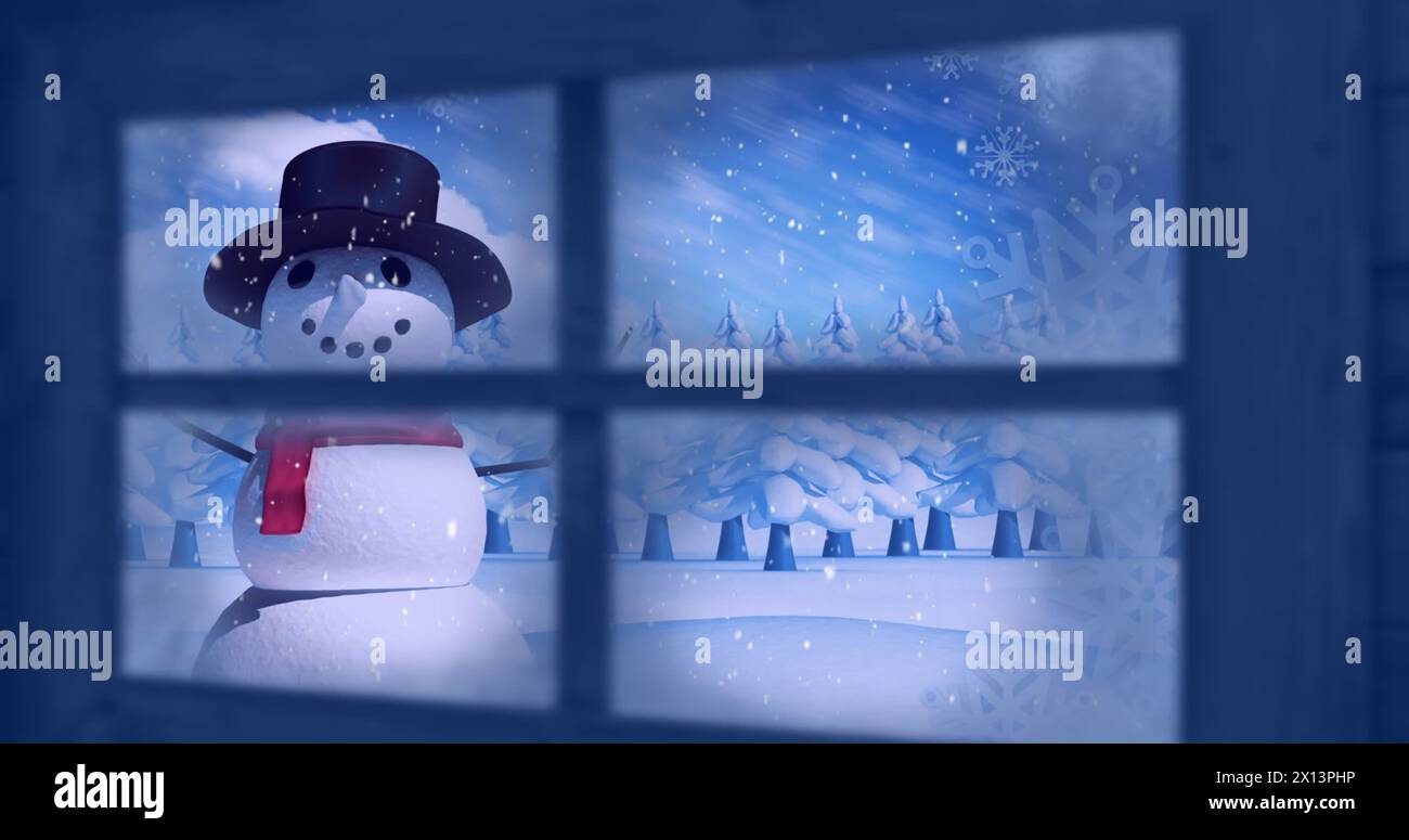 Image of shooting star and window over snowman in winter scenery Stock ...